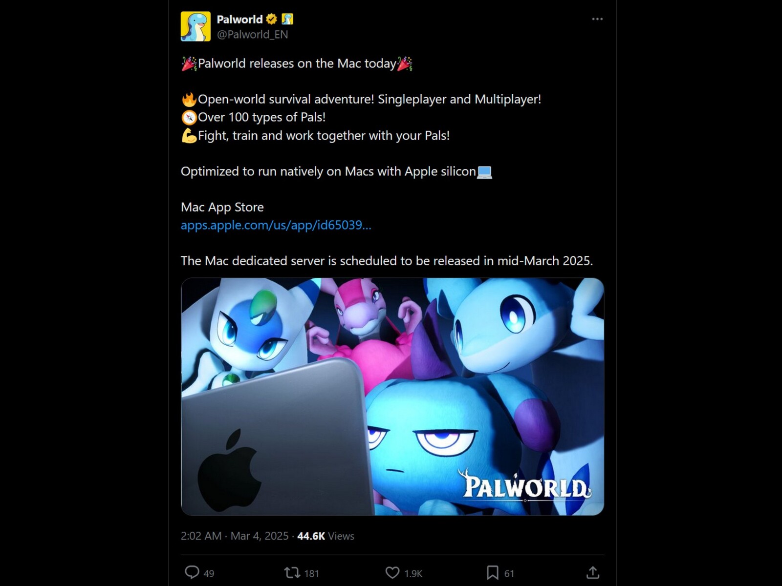 Pocketpair lança Palworld para Mac após adiamento da data de lançamento ...